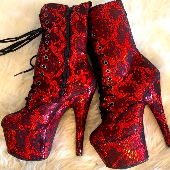 Pleaser | Shoes | 223 Red Lace Print Pleaser Boots | Poshmark